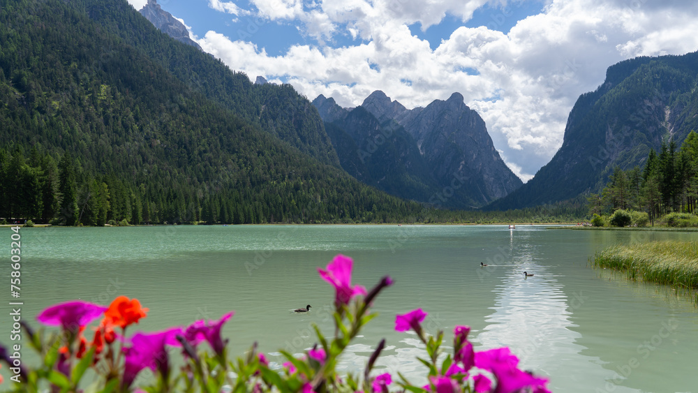 Amazing view of the famous Dobbiaco lake. Alpine lake. Italian Alps ...