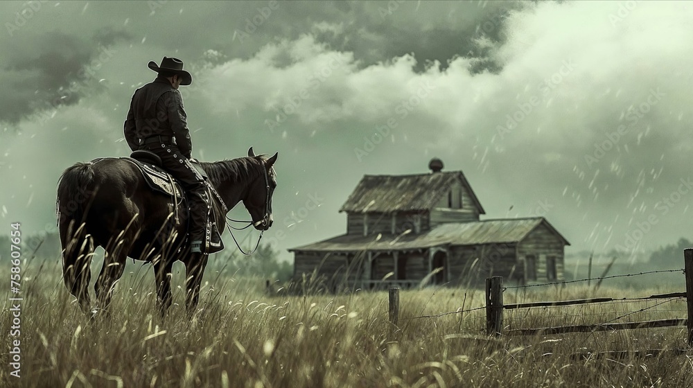 Photorealistic AI artwork of a cowboy and horse in a field with rolling ...