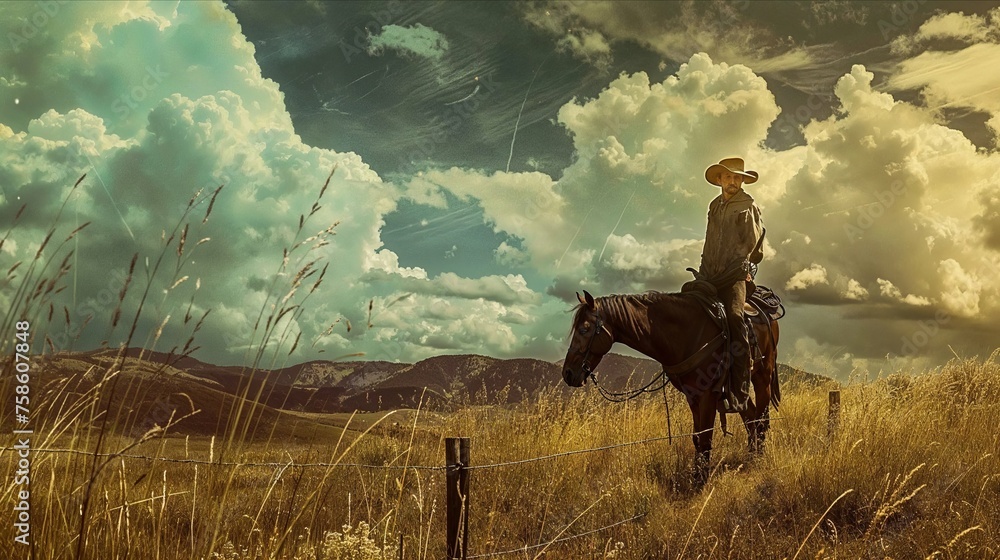 Photorealistic AI artwork of a cowboy and horse in a field with rolling ...