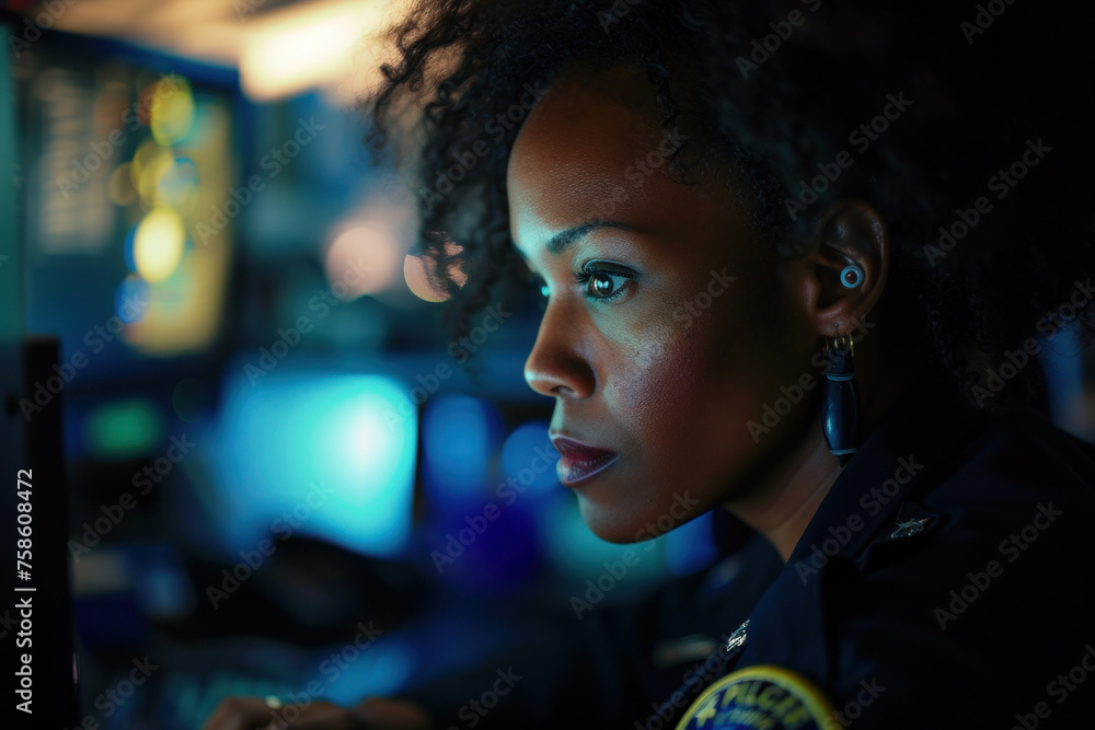 Female African American Police Officer Concentrating on Computer Screen ...