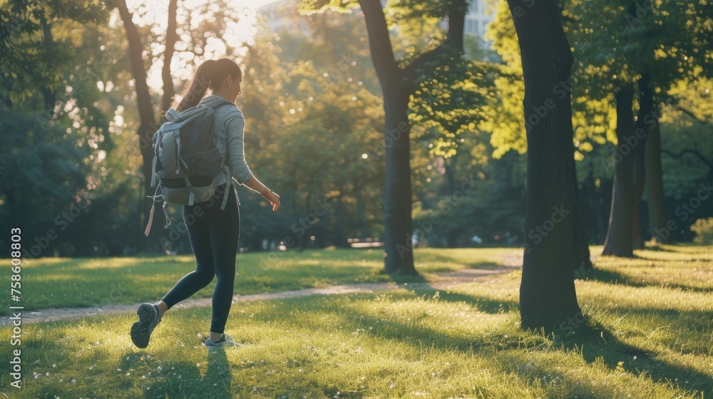 Woman enjoys a peaceful walk through an park, a gentle reminder of the ...