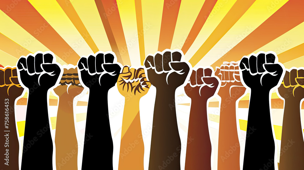 Illustration of raised fists against a sunburst background symbolizing diversity unity and ...
