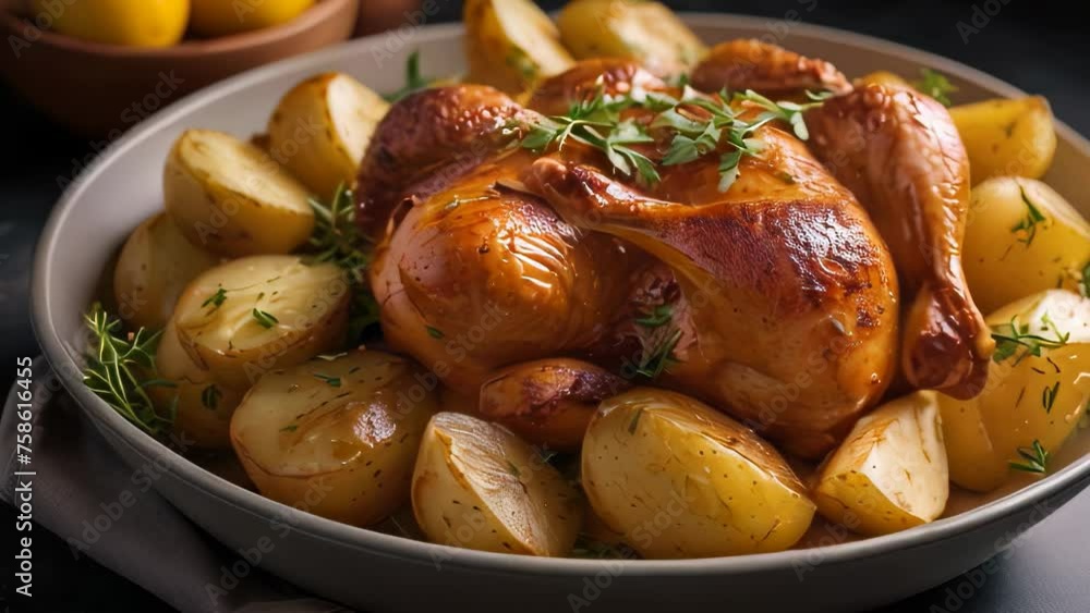 Video animation footage of well-cooked whole chicken with a golden ...