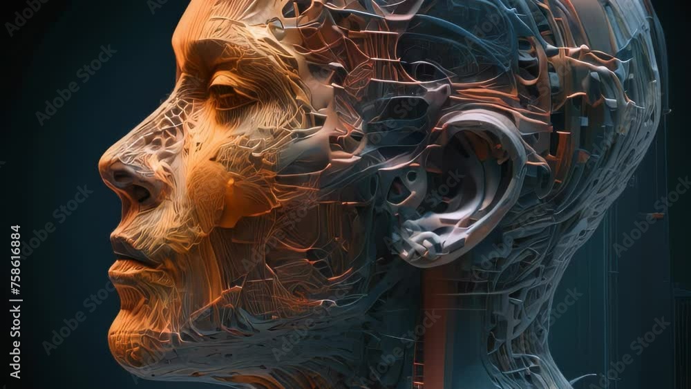 Video animation footage of mechanical or robotic head seen from a side ...