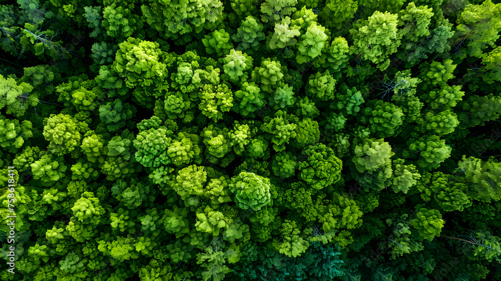 Aerial top view of green trees in a forest. The drone view of a dense ...