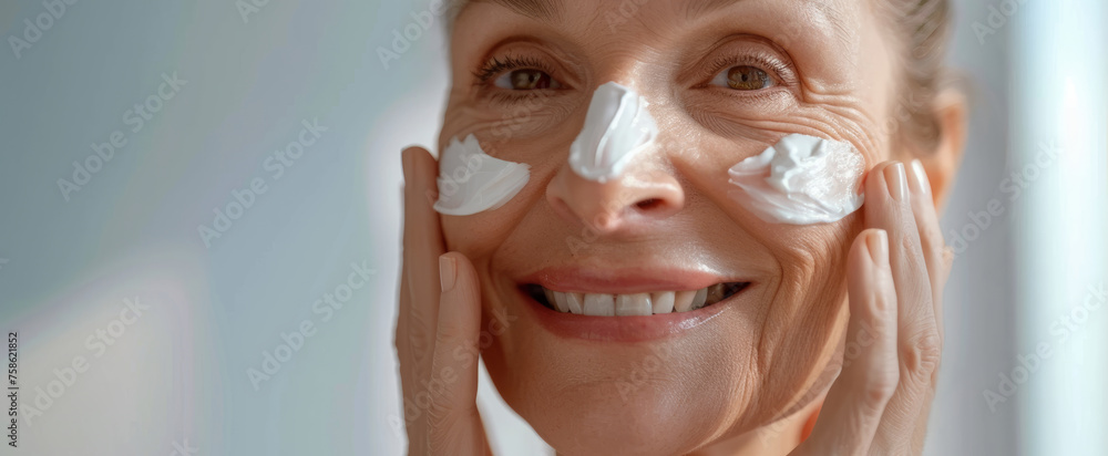 senior beautiful woman smile use cream for good skin. face of a healthy ...