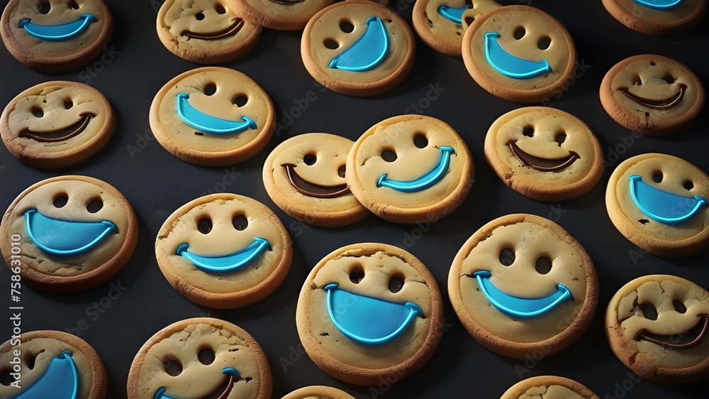 A smiley face on the top of chocolate cookie on black background ...