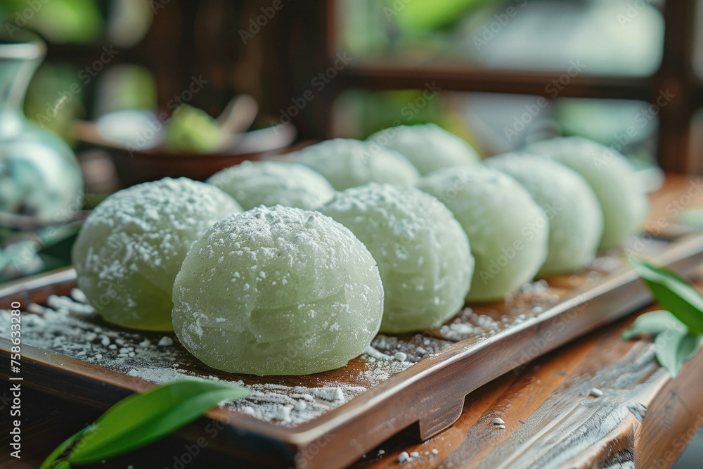 Fresh Mochi Collection on Bamboo Tray. A selection of green mochi ...