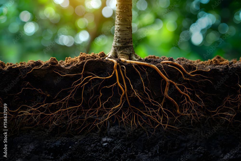 Close-up view of plant roots growing underground with layers of soil in ...