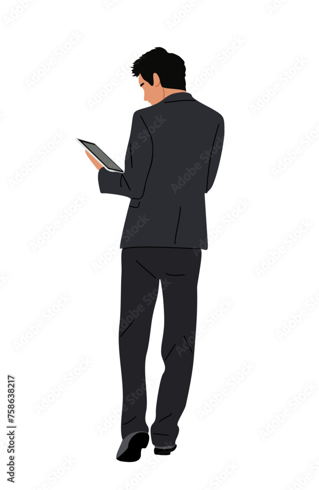 Business man standing full length rear view holding digital tablet ...