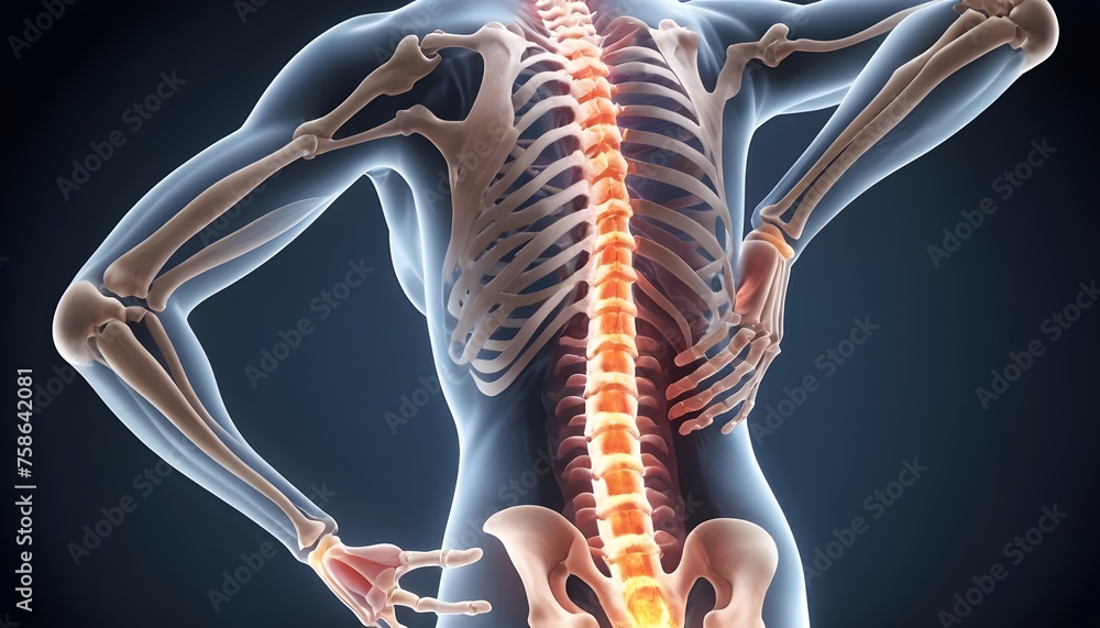 A detailed 3D rendered X ray scan of the lower thoracic and lumbar ...