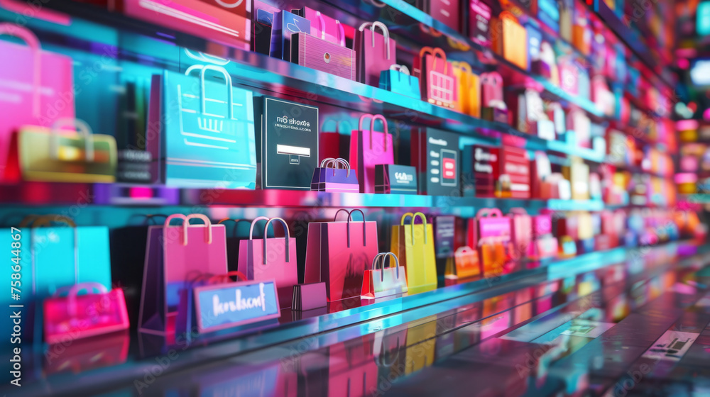 Colorful digital rendering of a modern shopping environment with rows ...