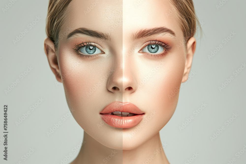 The woman's face is depicted in two halves, showcasing the contrast ...