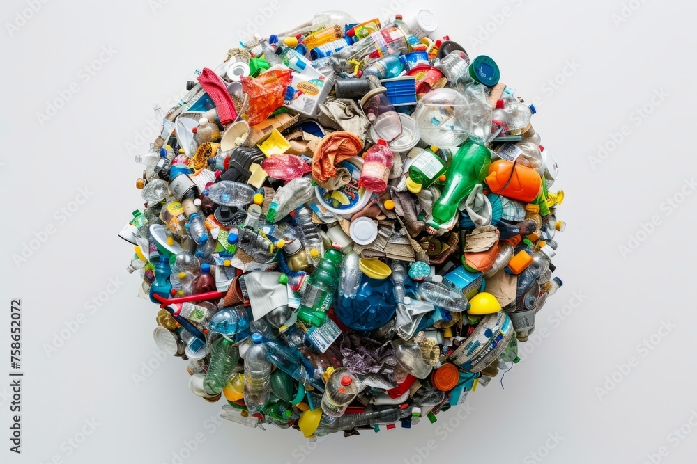 A sphere made of different types and colors of plastic waste, including ...