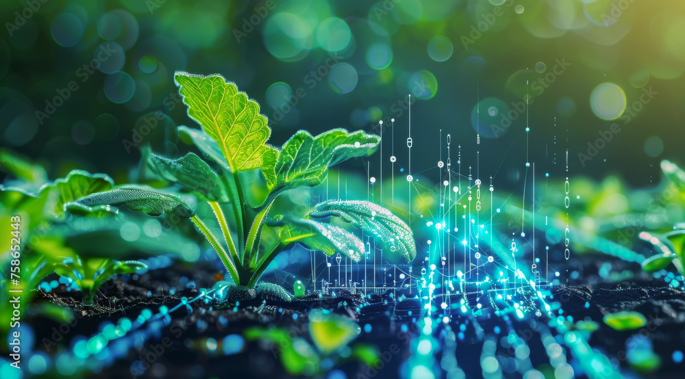 A plant with blue digital signals rising from the soil, blurring the ...