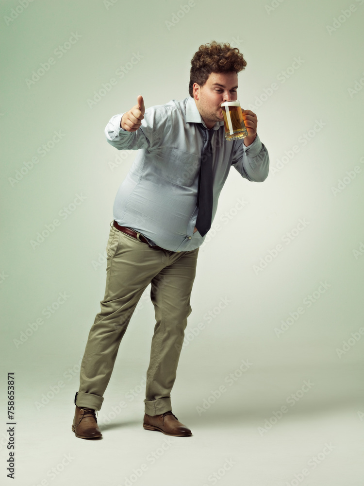 Man, portrait and thumbs up with beer for celebration, drink or party ...
