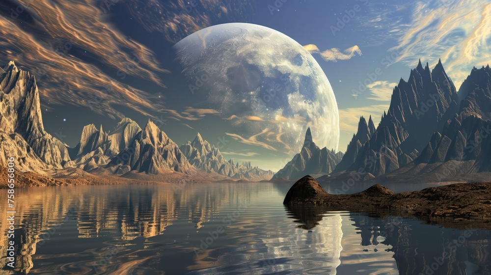 Lunar Majesty over Alien Terrain, extraterrestrial landscape is ...