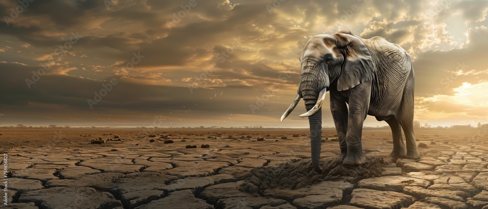Last Giant Standing, A lone elephant stands on the cracked earth of a ...