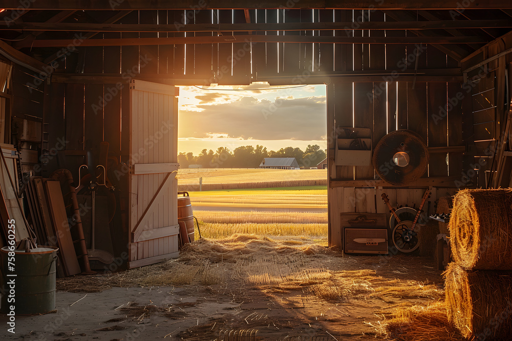 the inside of a barn with door open looking into the fields at golden ...