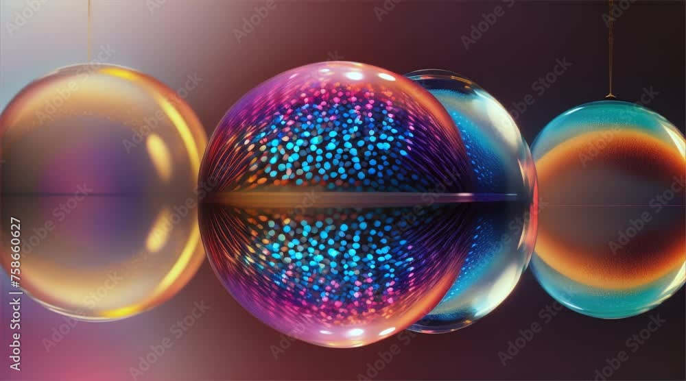 A series of colorful spheres are reflected in a body of water. The ...