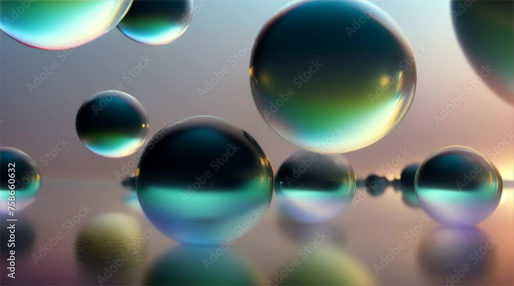 A series of colorful spheres floating in the air. The spheres are of ...