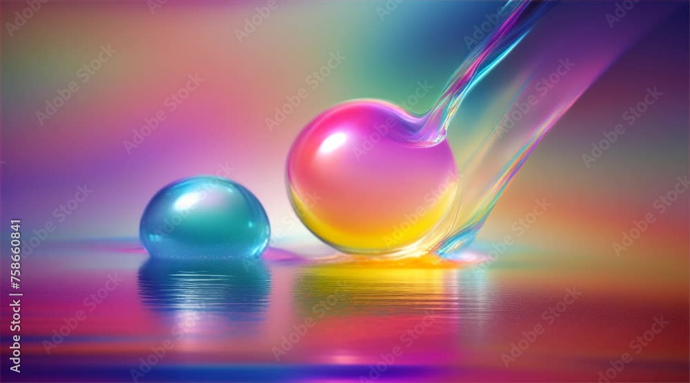 Two colorful spheres of water are floating on a surface. The spheres ...