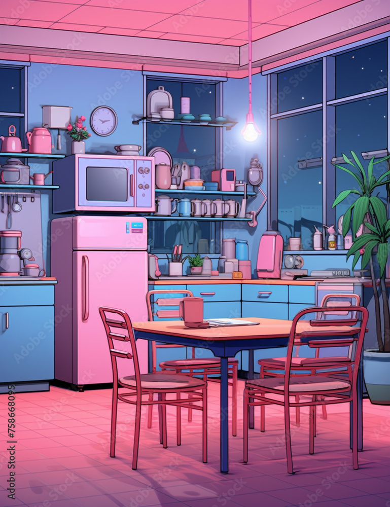 Vaporwave Kitchen, Moon, kitchen table, night time, fridge, microwave ...