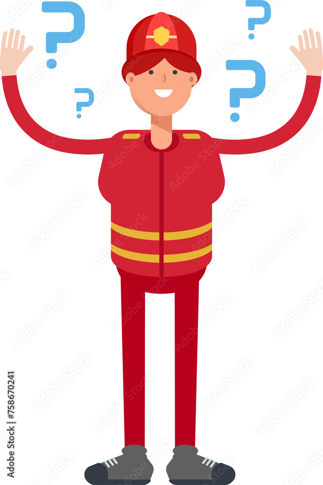 Firefighter Character and Question Marks Stock Illustration | Adobe Stock