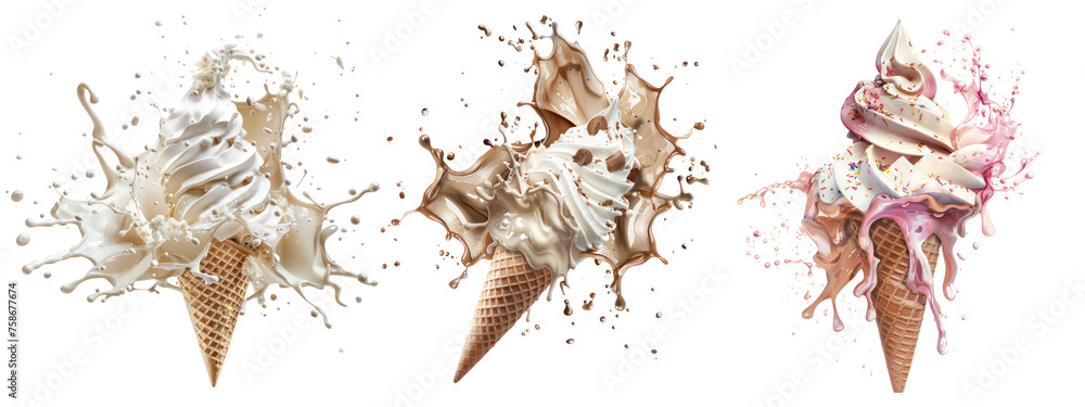 Set of delicious ice cream explosion, isolated on transparent ...