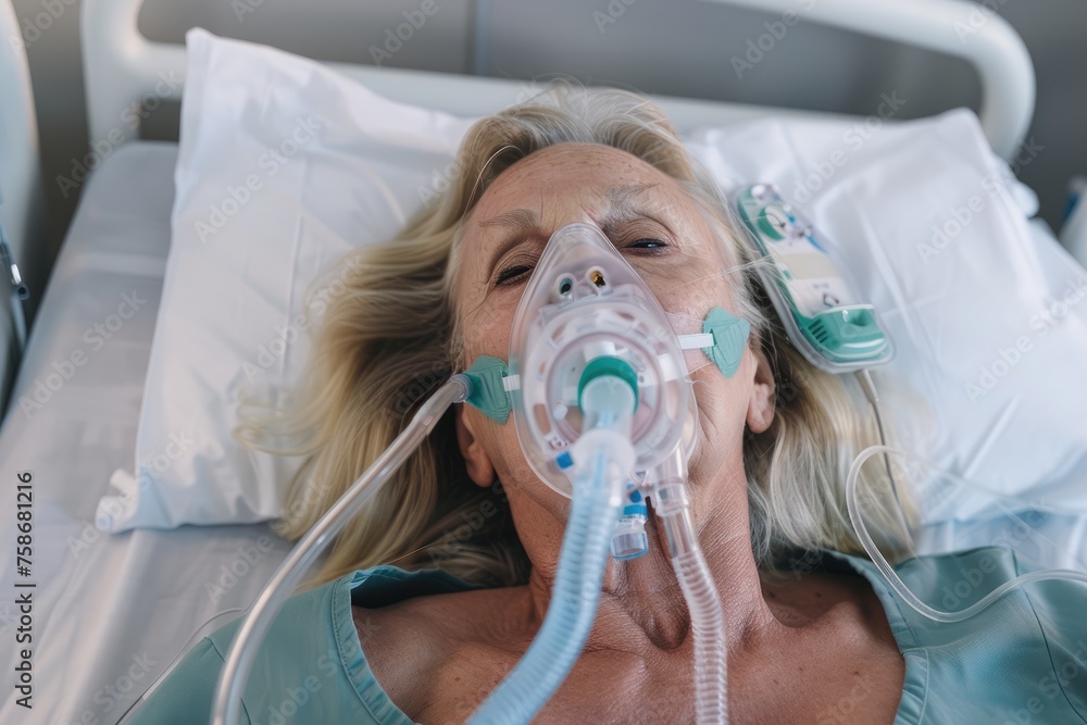 Concerned elderly woman patient with oxygen mask in hospital bed, critical health care ...