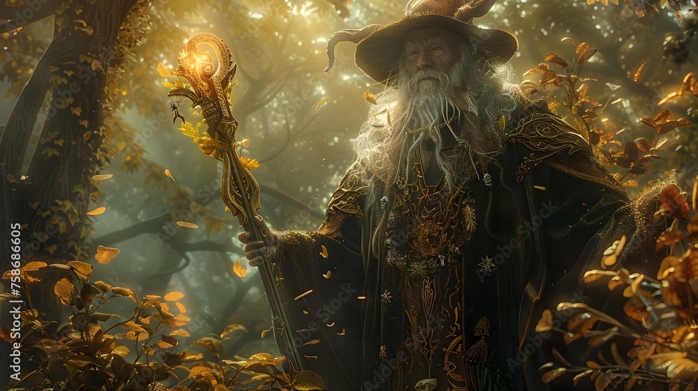 Elderly Wizard in Enchanted Forest: Majestic Sorcerer Radiating Magical ...