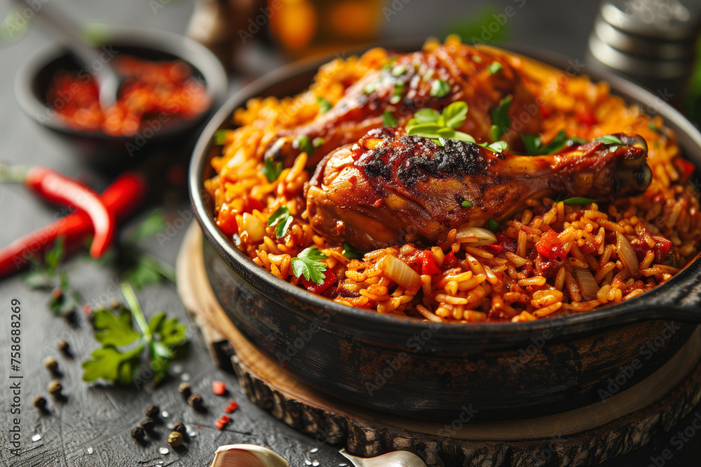 Jollof Rice with Grilled Meat and Garnishes. A bowl of vibrant jollof ...