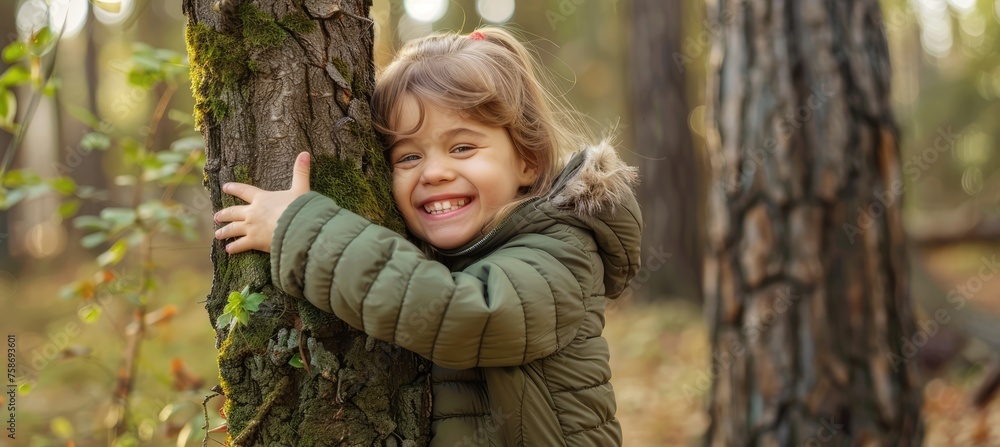 Net zero and carbon neutral concept. Child hugging a tree in the ...