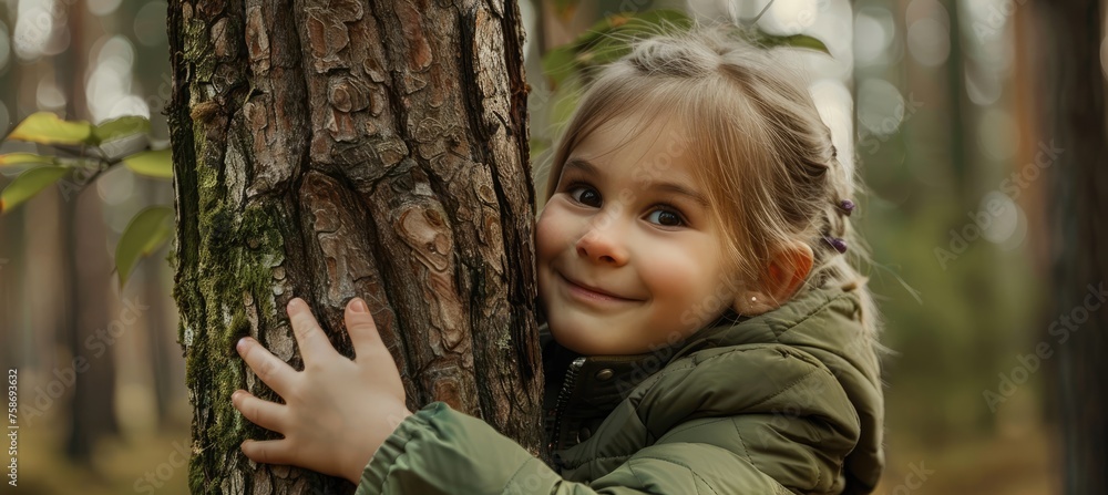 Net zero and carbon neutral concept. Child hugging a tree in the ...