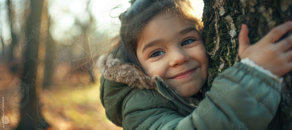Net zero and carbon neutral concept. Child hugging a tree in the ...