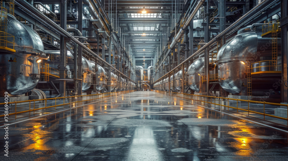 Inside a large industrial facility with symmetrical piping and ...