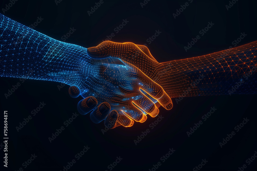 Digital illustration of two hands handshake with a digital, neon-like ...