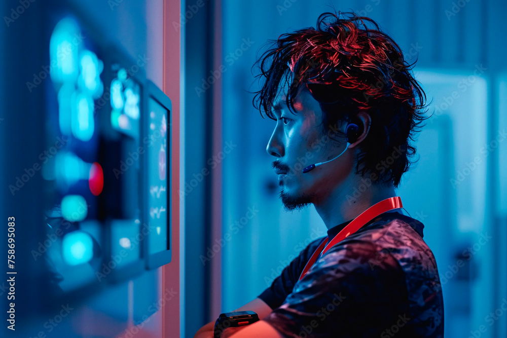 A concentrated person is monitoring critical data on a control panel ...