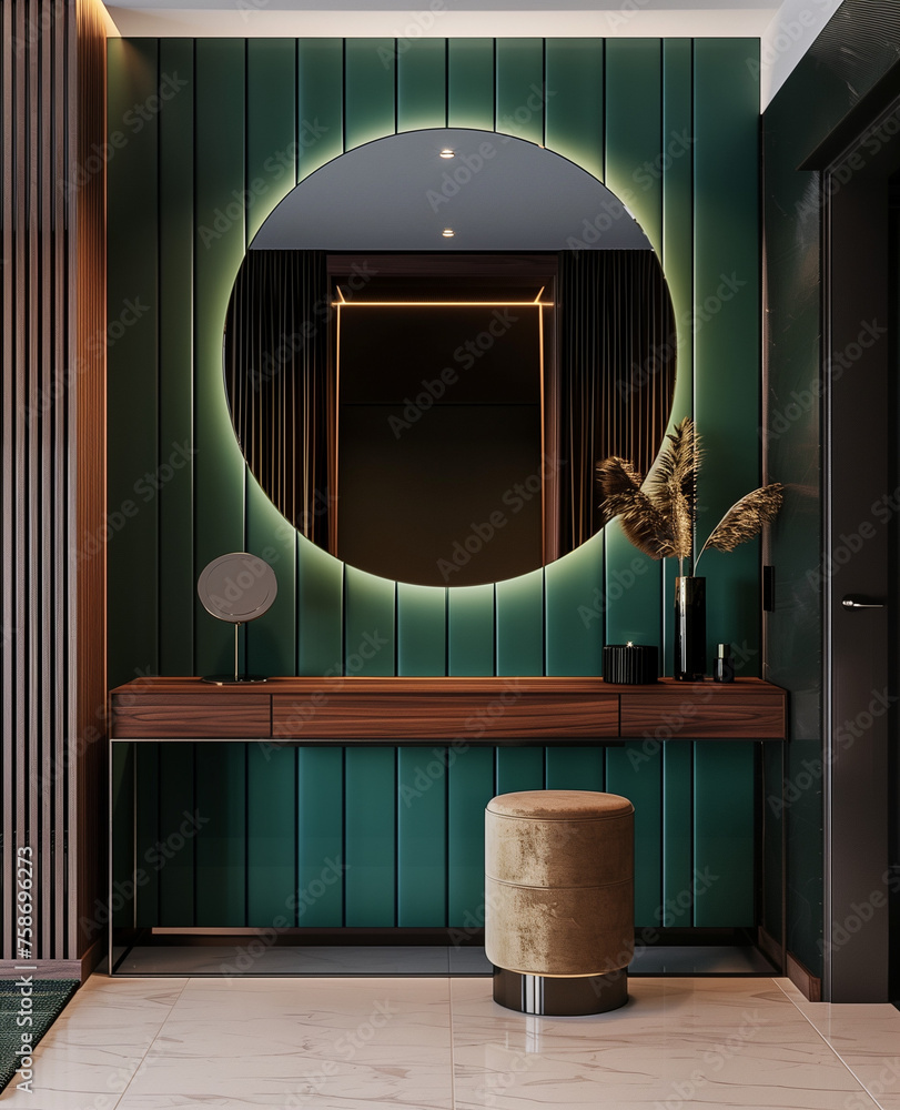 Round mirror with backlight, dark wood, and green wall panels, console ...