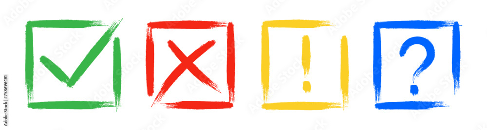 Dirty grunge cross x, tick OK, exclamation and question check marks in ...