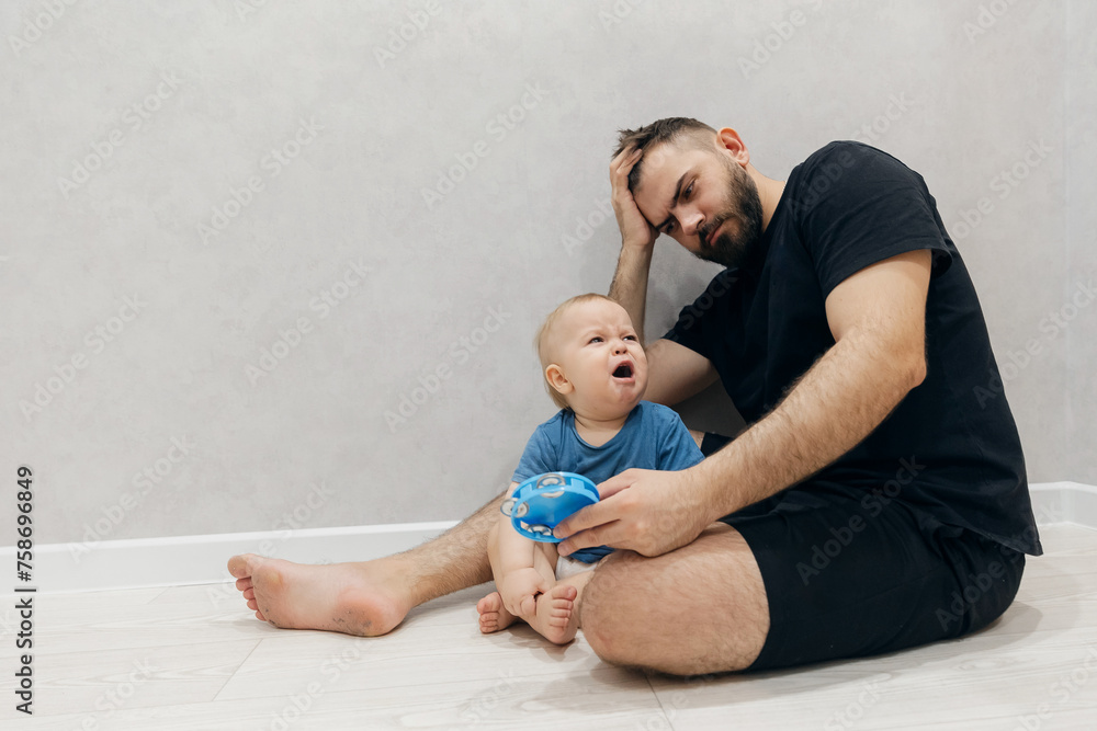 Baby cry, father confused and calms of boy. Dad man experiences ...
