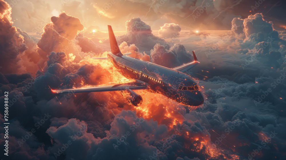 Fire burning in Jet engine of large aircraft while flying in the sky ...