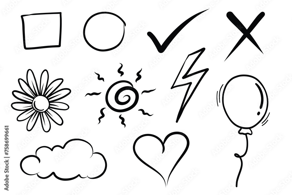 Hand Drawn Doodle Style Outline Design Elements Isolated on White ...