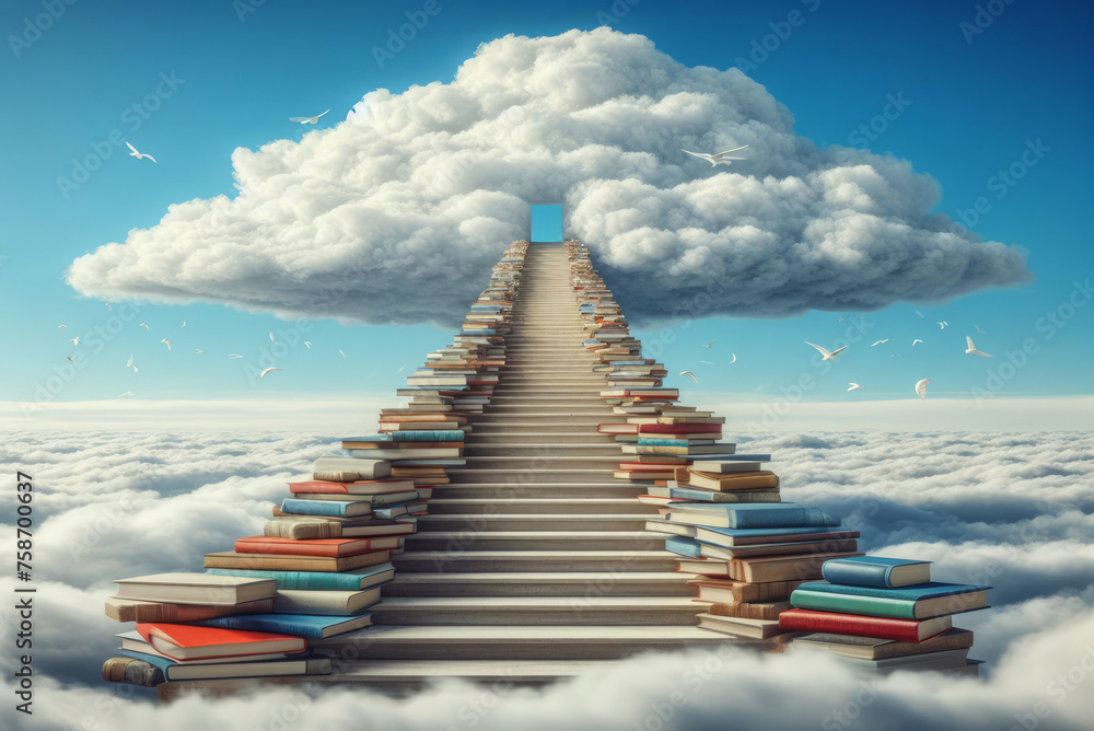 Book stairs leading to a cloud in the sky. Stairs leading up to a door. Stairway to heaven ...