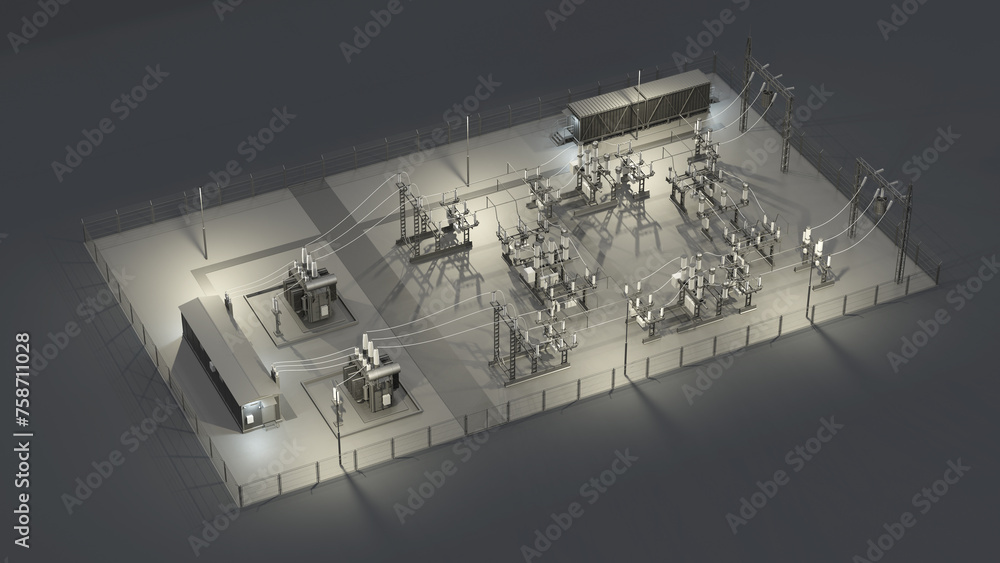 Electrical substation on a dark background at night. Schematic top view ...