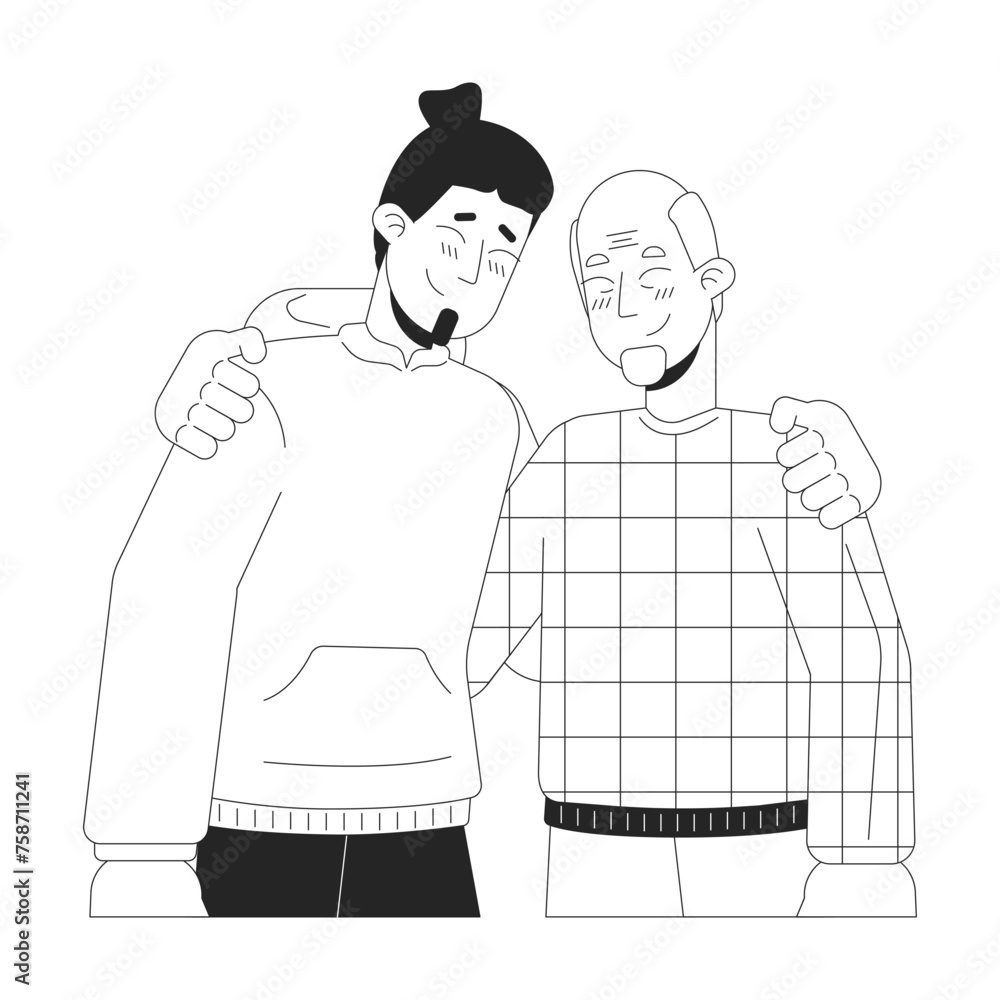 Caucasian son and senior father hugging black and white 2D line cartoon ...