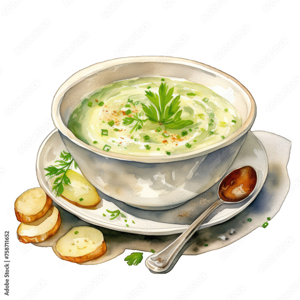 Creamy Potato Leek Soup Watercolor Clipart - Delicious and comforting ...