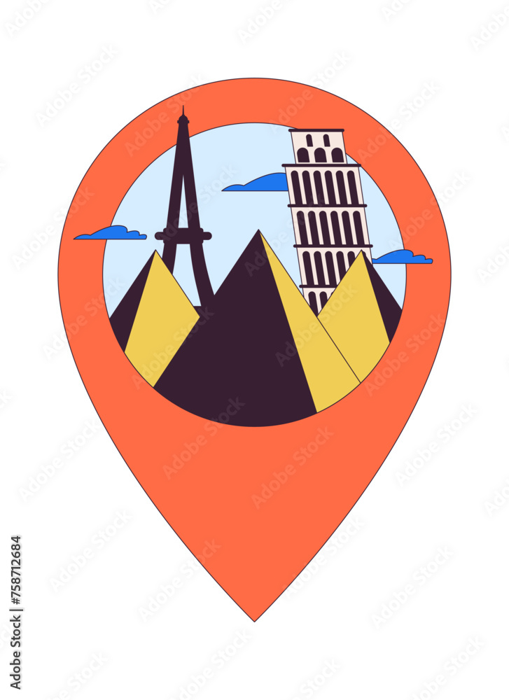 Famous monuments pin location 2D linear cartoon object. Mapping ...