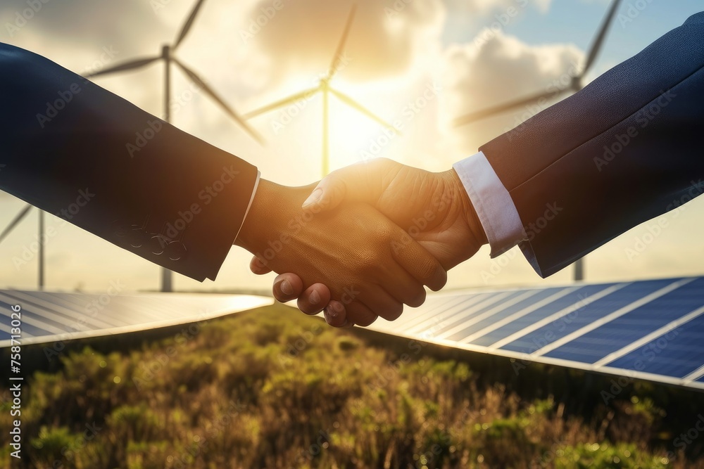 Fotografia do Stock: handshake in front of solar pannels and wind ...