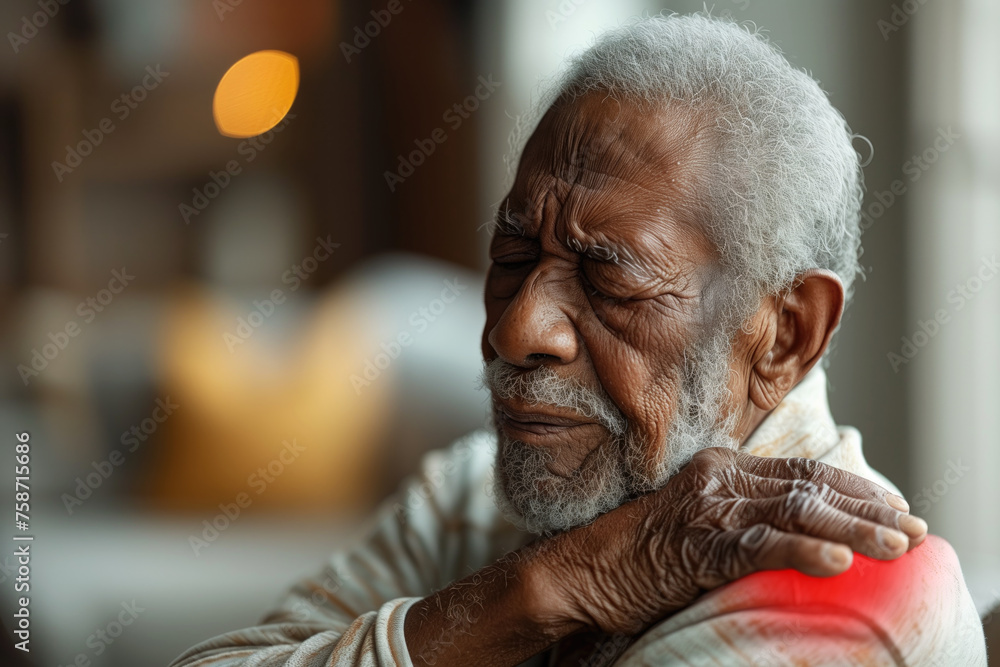 Elderly African man with shoulder pain at home, joint inflammation ...